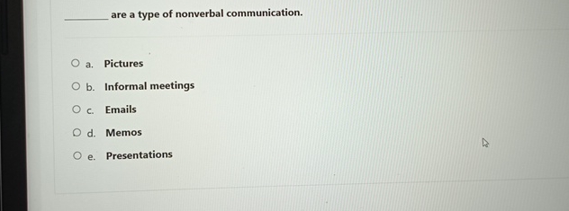Solved are a type of nonverbal communication.a. ﻿Picturesb. | Chegg.com