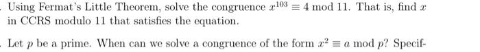 Solved Using Fermat's Little Theorem, solve the congruence | Chegg.com