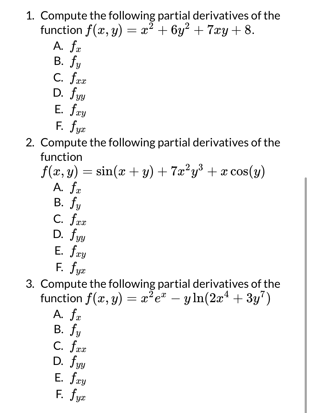 Solved Compute the following partial derivatives of the | Chegg.com