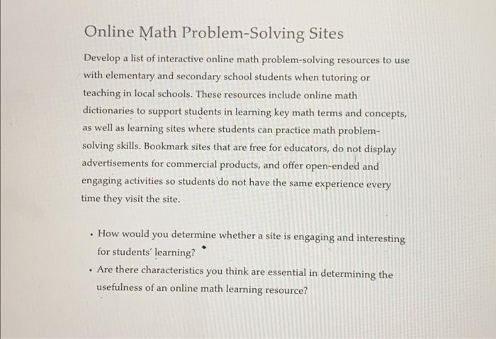 Solved Unline Math Problem-Solving Sites Develop a list of | Chegg.com