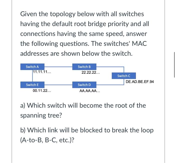 Solved Given the topology below with all switches having the | Chegg.com