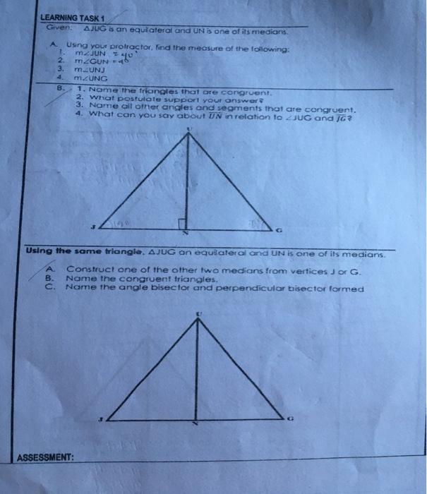 Solved LEARNING TASK 1 Given. AJUG is an equiteral and UN is | Chegg.com
