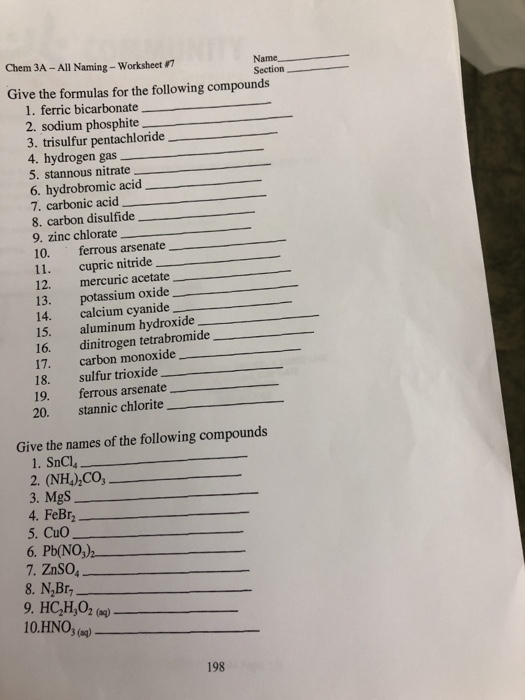 Solved Chem 3A - All Naming - Worksheet 17 Name Section Give | Chegg.com
