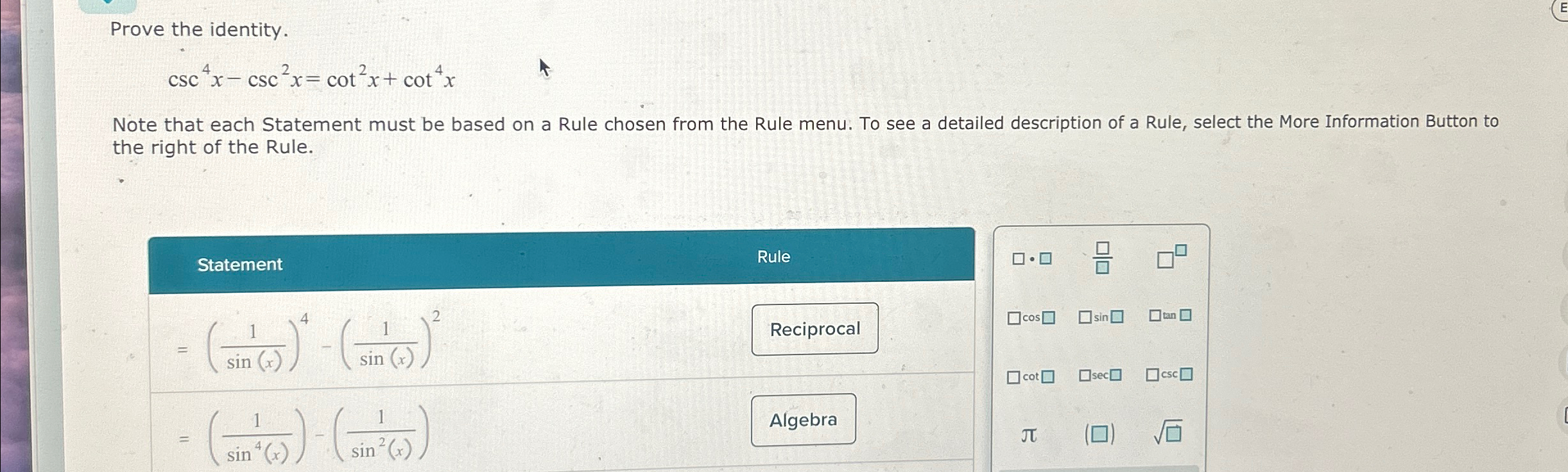 Solved Prove the identity.csc4x-csc2x=cot2x+cot4xNote that | Chegg.com