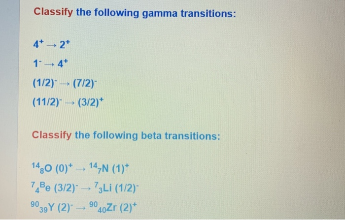 Solved Classify the following gamma transitions: 4+ 2+ 14+ | Chegg.com