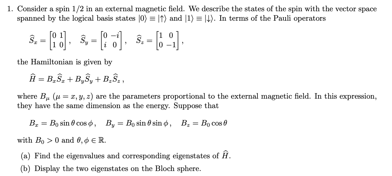 Solved Consider a spin 12 ﻿in an external magnetic field. We | Chegg.com