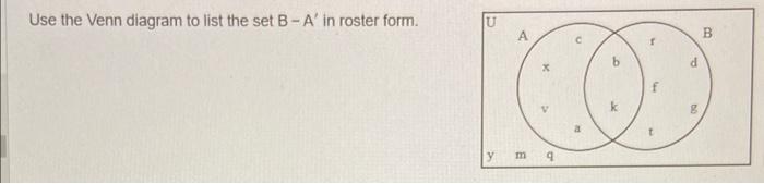 Solved Use the Venn diagram to list the set B−A′ in roster | Chegg.com