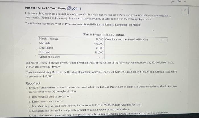 Solved PROBLEM 4-17 Cost Flows 년 LO4-1 Lubricants, Inc., | Chegg.com