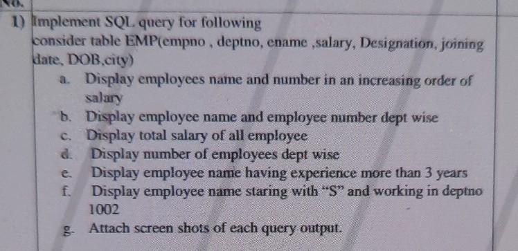Solved Implement SQL query for following consider table | Chegg.com Solved Implement SQL query for following consider table | Chegg.com