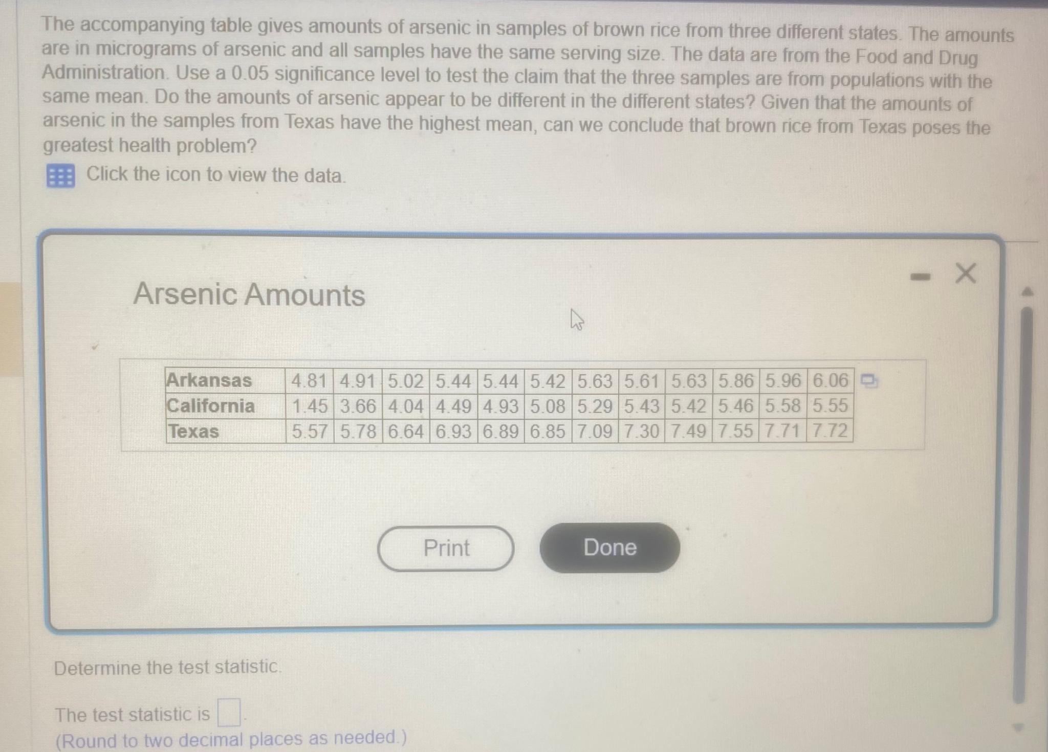 The accompanying table gives amounts of arsenic in | Chegg.com