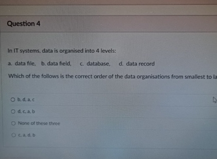 Solved Question 4In IT systems, data is organised into 4 | Chegg.com