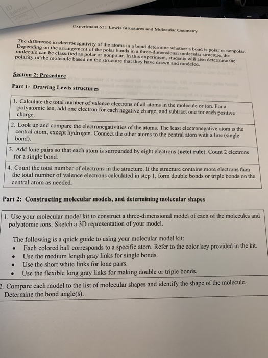 Experiment 621 Lewis Structures and Molecular | Chegg.com