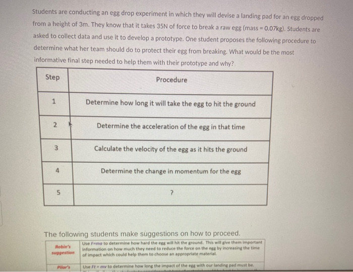 Solved Students are conducting an egg drop experiment in | Chegg.com
