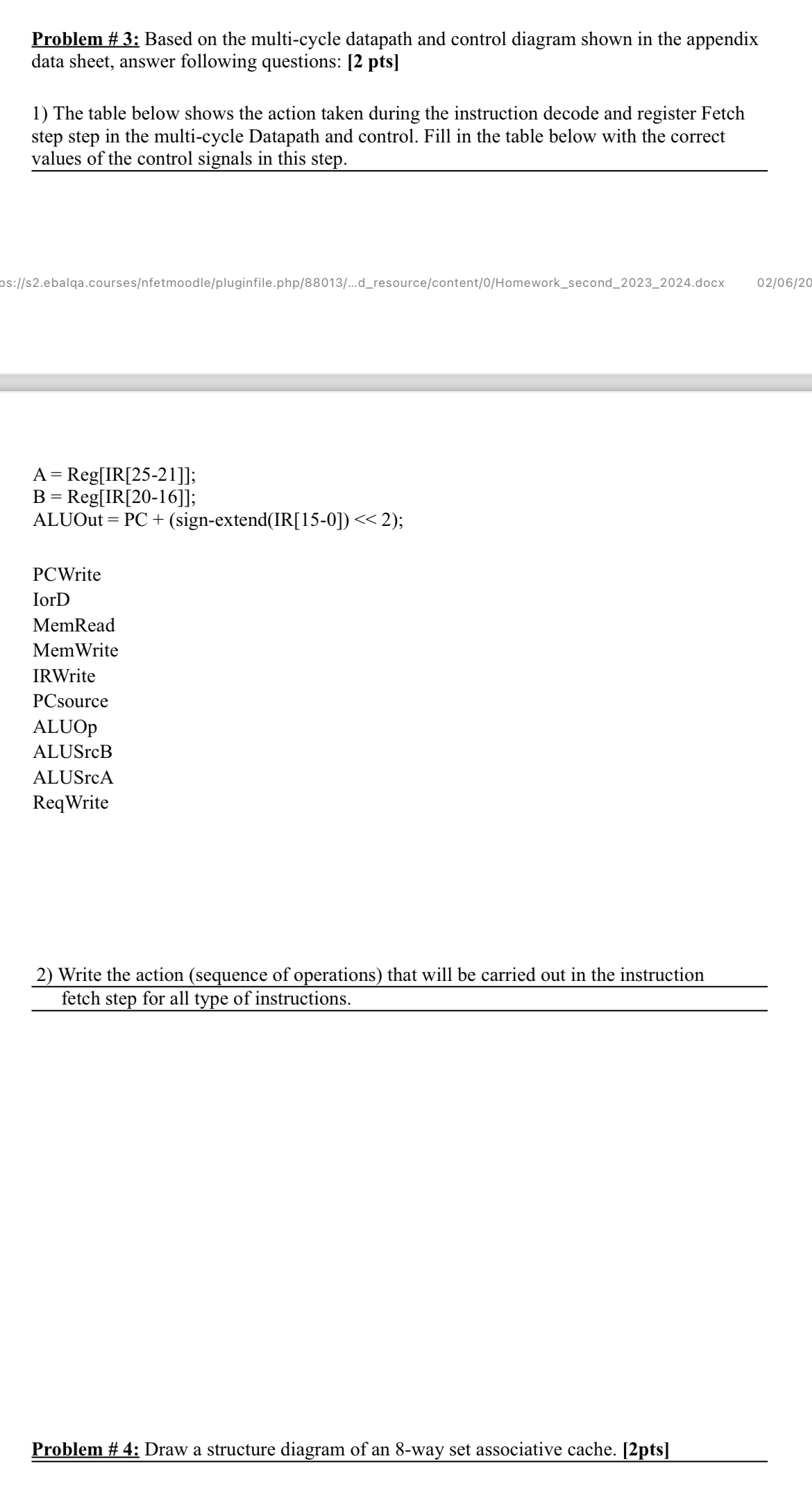 Solved Problem # 3: Based on the multi-cycle datapath and | Chegg.com