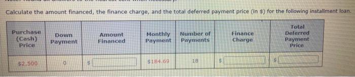 Solved Calculate the amount financed, the finance charge, | Chegg.com