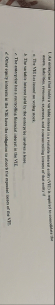 Solved An enterprise that holds a variable interest in a | Chegg.com