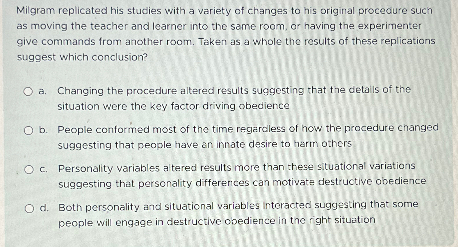 Solved Milgram replicated his studies with a variety of | Chegg.com