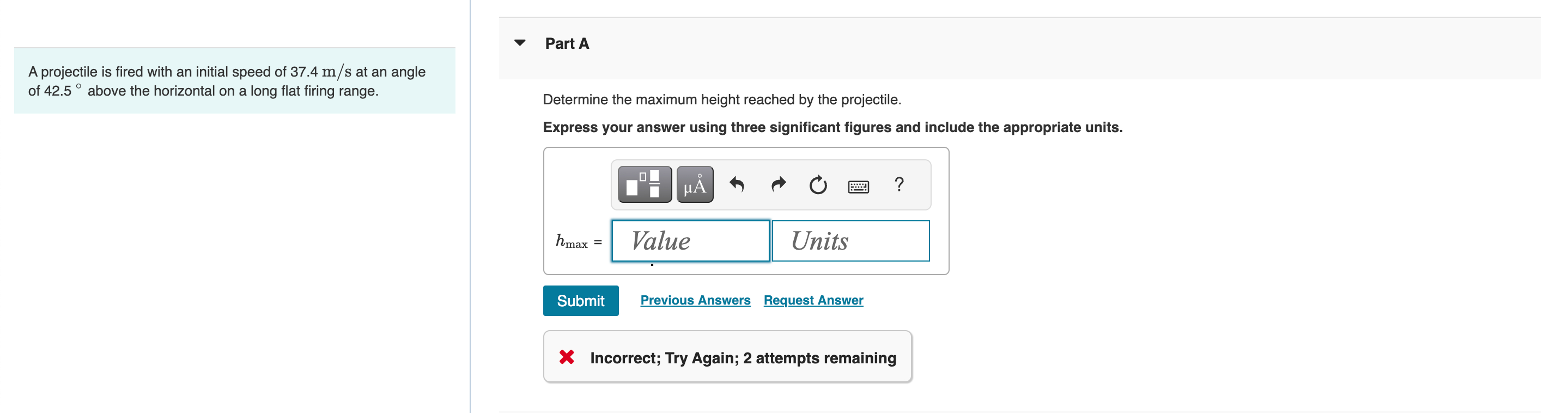 Solved Part AA projectile is fired with an initial speed of | Chegg.com