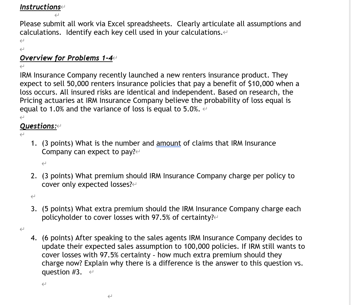 Solved InstructionsPlease submit all work via Excel | Chegg.com