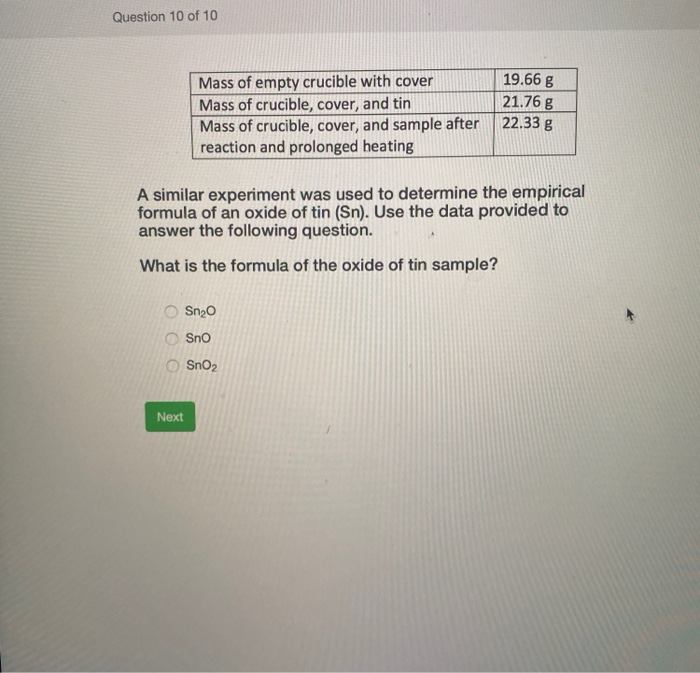 Solved Question 10 of 10 Mass of empty crucible with cover | Chegg.com
