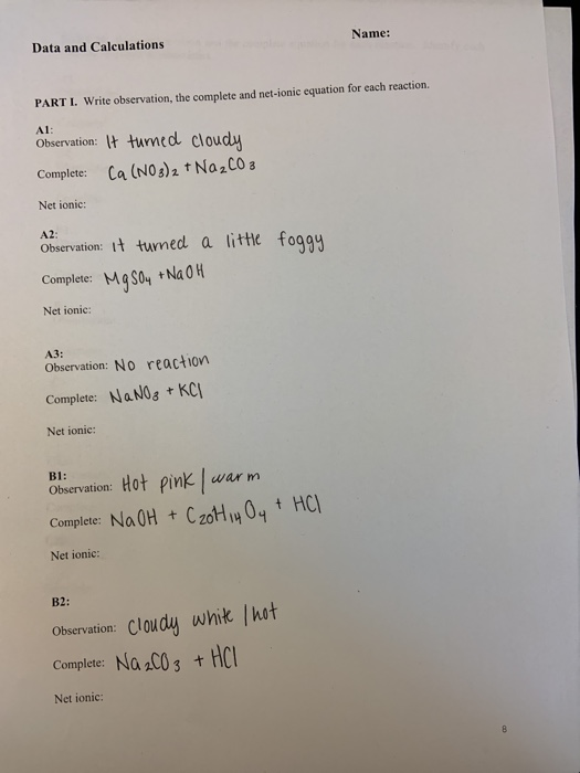 Solved Name: Data and Calculations PART I Write observation, | Chegg.com