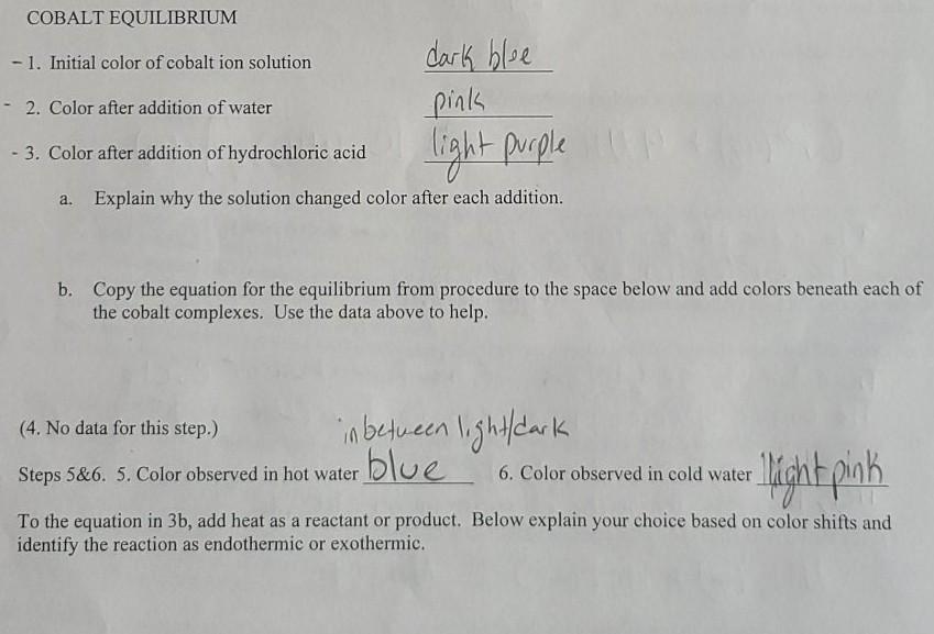Solved COBALT EQUILIBRIUM - 1. Initial color of cobalt ion | Chegg.com