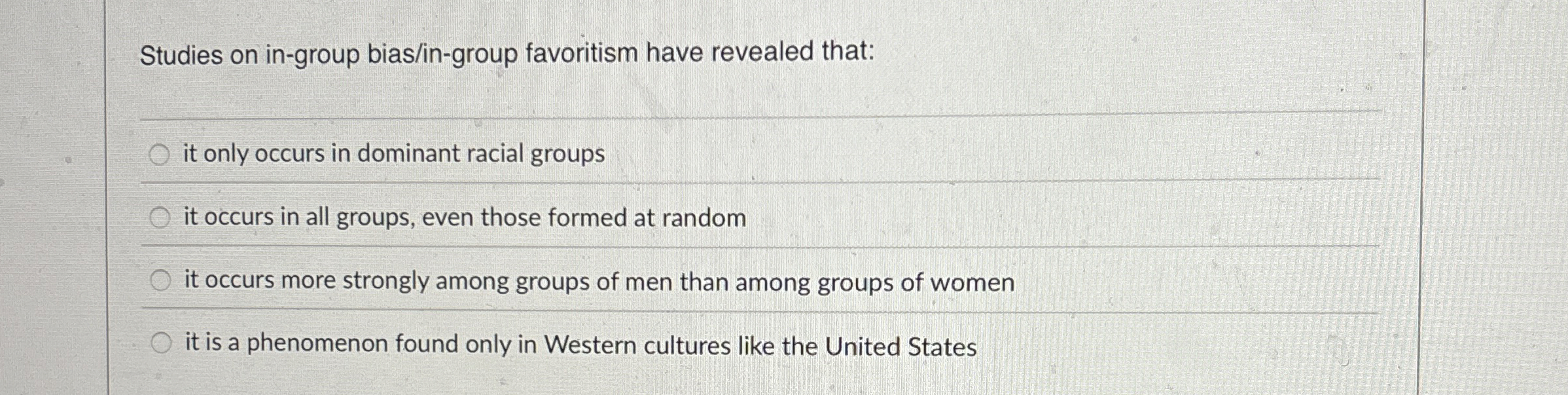 Solved Studies on in-group bias/in-group favoritism have | Chegg.com