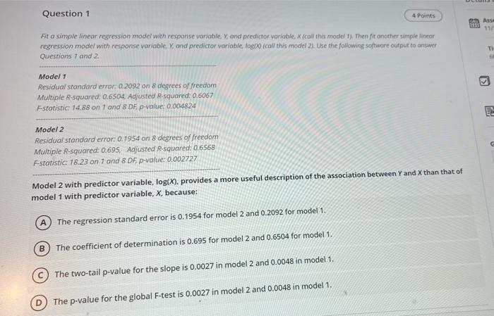 Solved Question 1 4 Points Ass 11 Fit a simple linear | Chegg.com