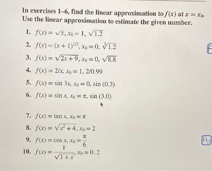 Solved In exercises 1-6, find the linear approximation to | Chegg.com