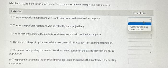 Solved Match each statement to the appropriate bias to be | Chegg.com