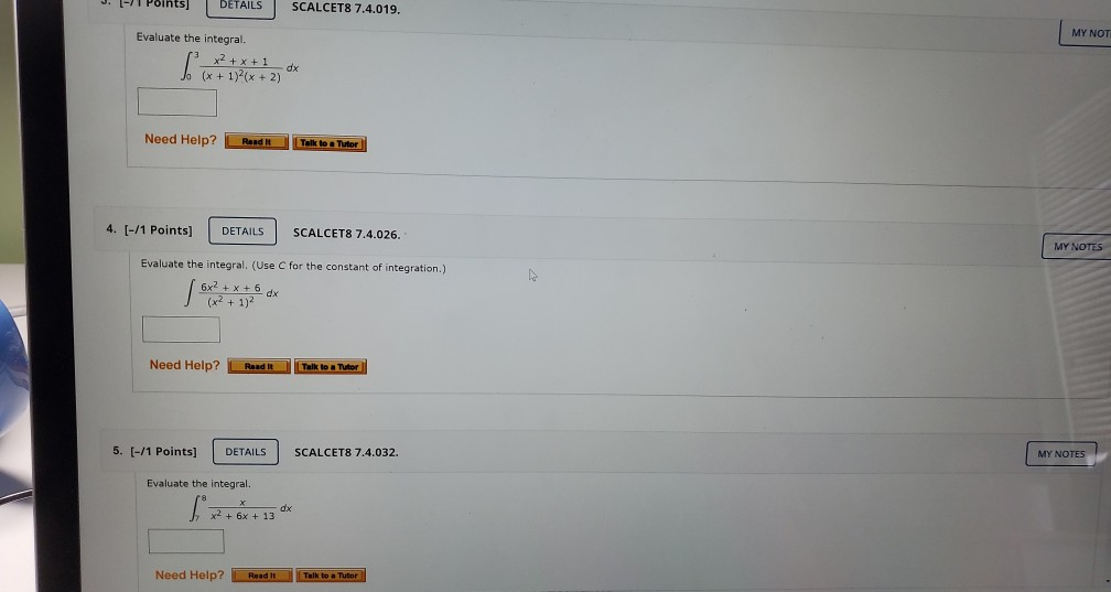 Solved 1 Points] DETAILS SCALCET8 7.4.019. Evaluate the | Chegg.com