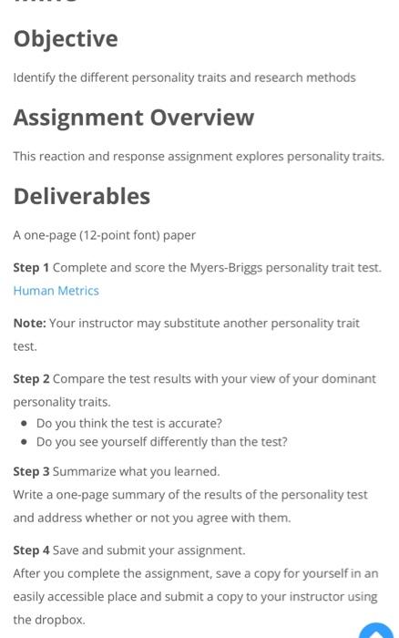 Solved Objective Identify the different personality traits | Chegg.com