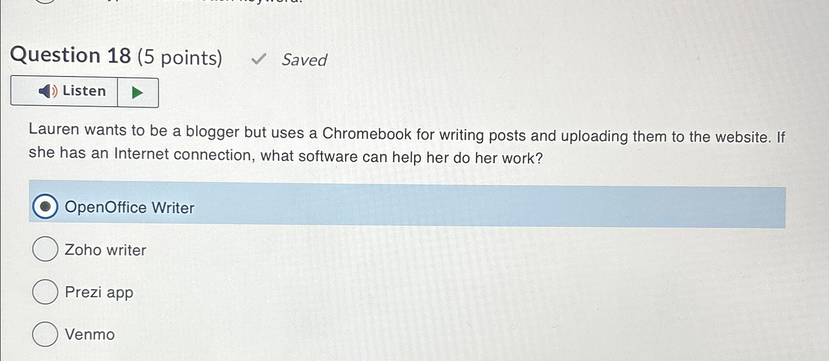 Solved Question 18 (5 ﻿points) ﻿SavedListenLauren wants to | Chegg.com