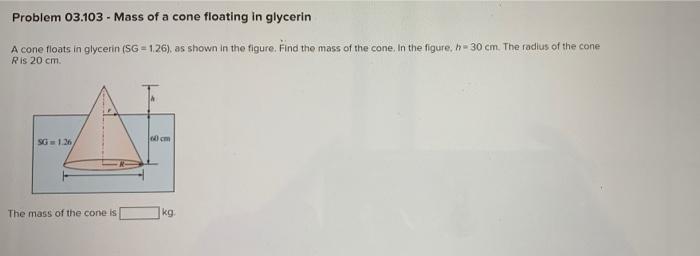 Solved Problem 03.103 - Mass of a cone floating in glycerin | Chegg.com