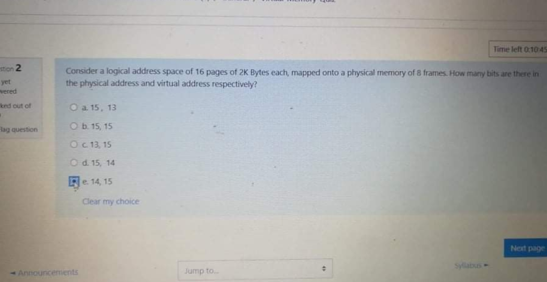 Solved Time left 0 10 45 stion 2 Consider a logical address | Chegg.com