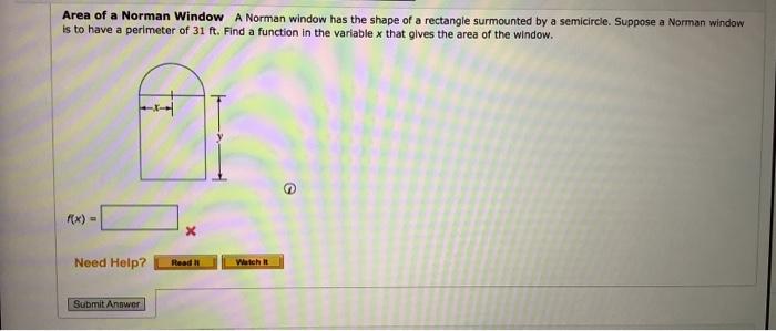 Solved Area of a Norman Window A Norman window has the shape | Chegg.com