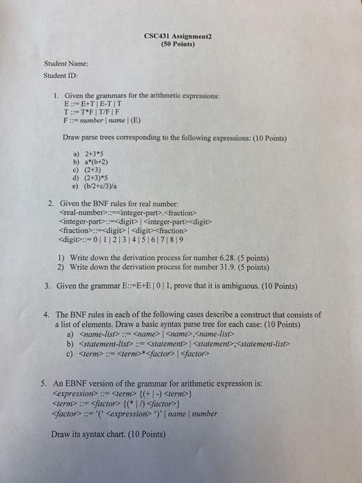 Solved CSC431 Assignment2 (50 Points) Student Name: Student | Chegg.com