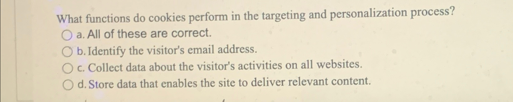 Solved What functions do cookies perform in the targeting | Chegg.com