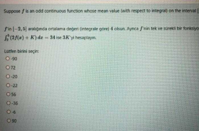 Solved Suppose f is an odd continuous function whose mean | Chegg.com