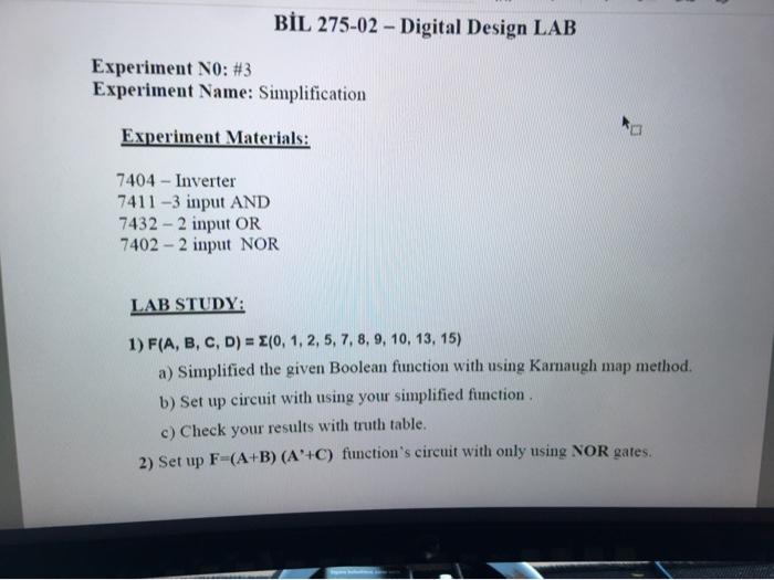 Solved BİL 275-02 - Digital Design LAB Experiment NO: #3 | Chegg.com