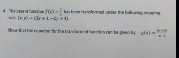 Solved 4. The parent function f(x) = has been transformed | Chegg.com