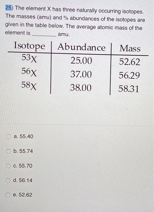 Solved 25) The element X has three naturally occurring | Chegg.com