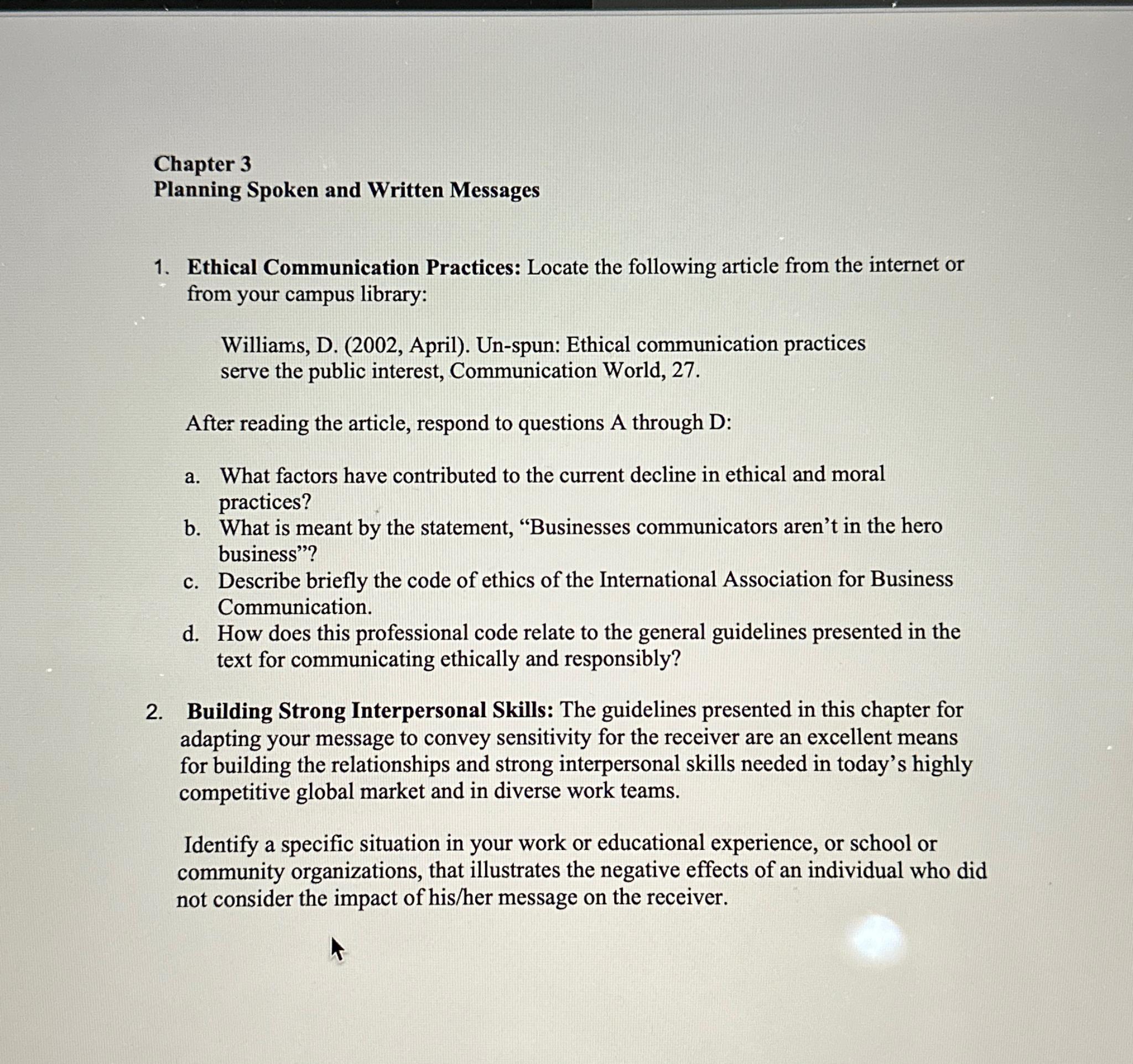 Solved Chapter 3Planning Spoken and Written MessagesEthical | Chegg.com