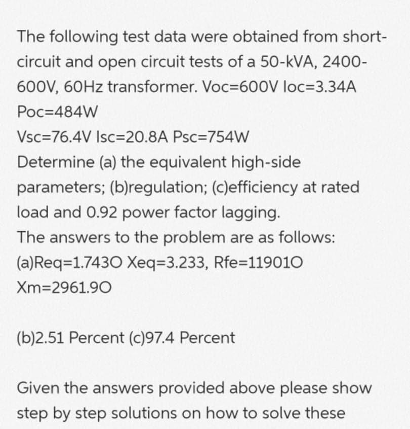 Solved The following test data were obtained from short- | Chegg.com