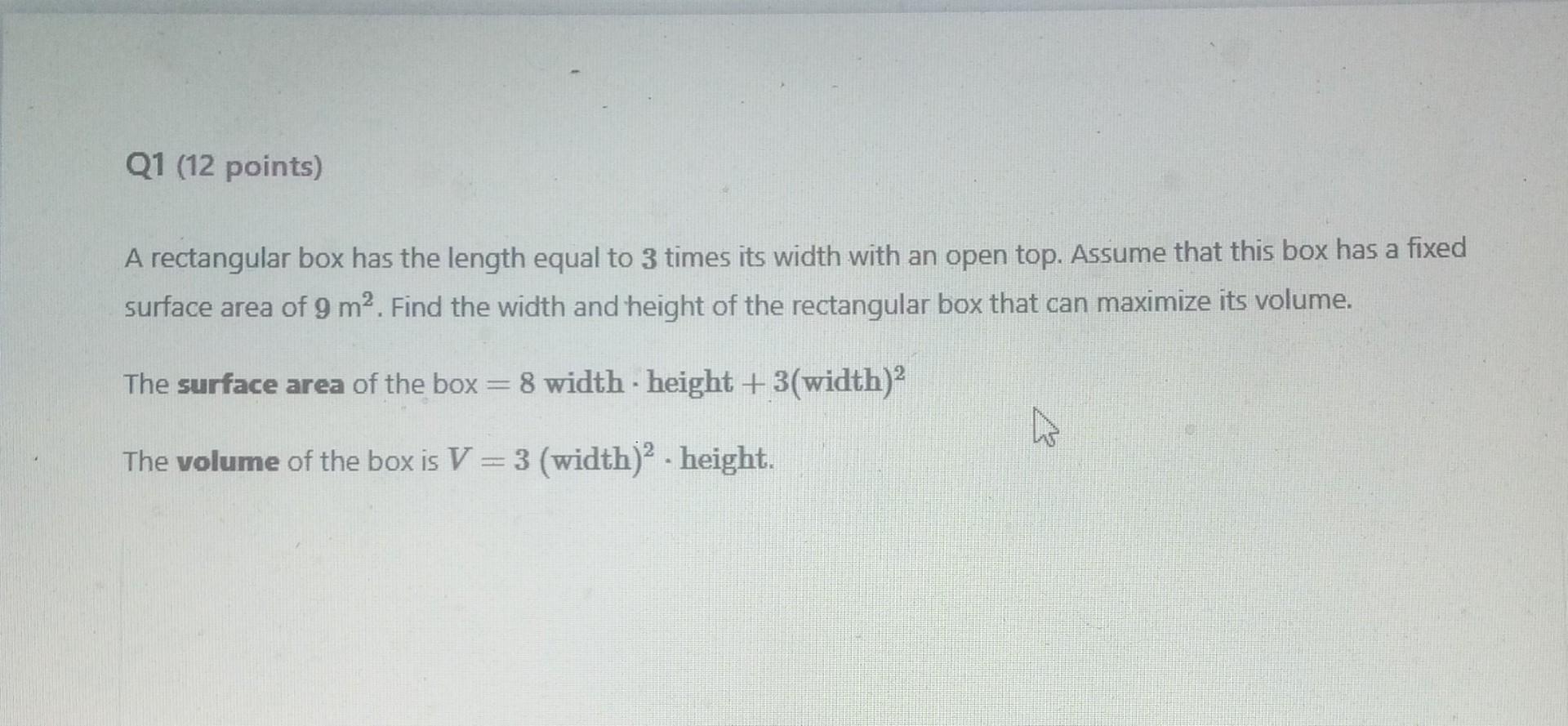 Solved Q1 (12 points) A rectangular box has the length equal | Chegg.com