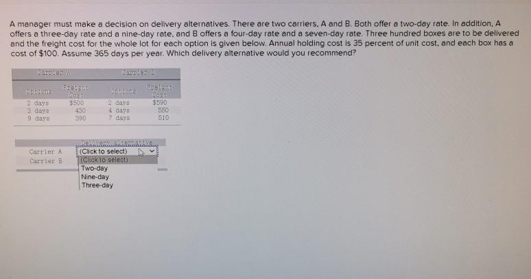 Solved A manager must make a decision on delivery | Chegg.com