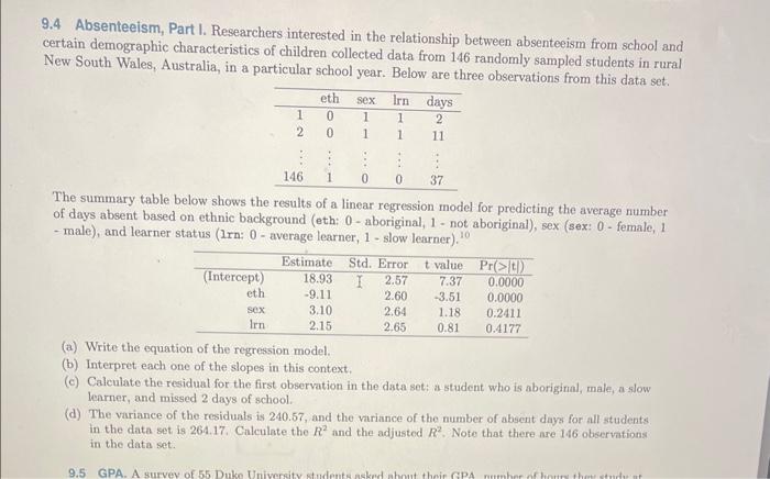 Solved 9.4 Absenteeism, Part I. Researchers interested in | Chegg.com