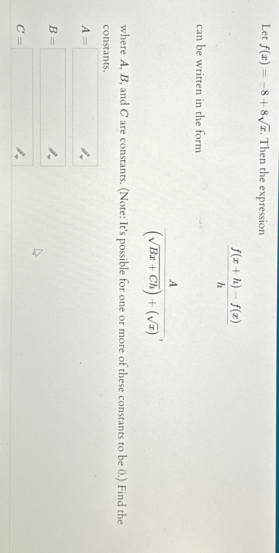 Solved Let f(x)=-8+8x2. ﻿Then the expressionf(x+h)-f(x)hcan | Chegg.com