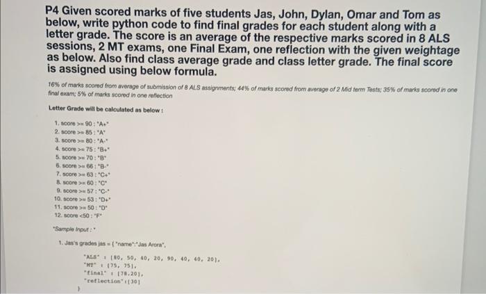 Solved P4 Given scored marks of five students Jas, John, | Chegg.com