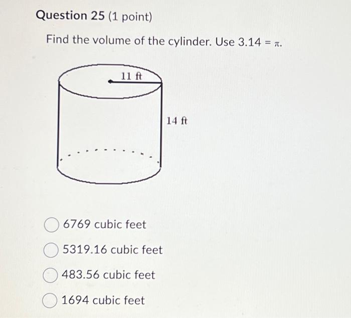 Solved Find the volume of the cylinder. Use 3.14 6769 Chegg